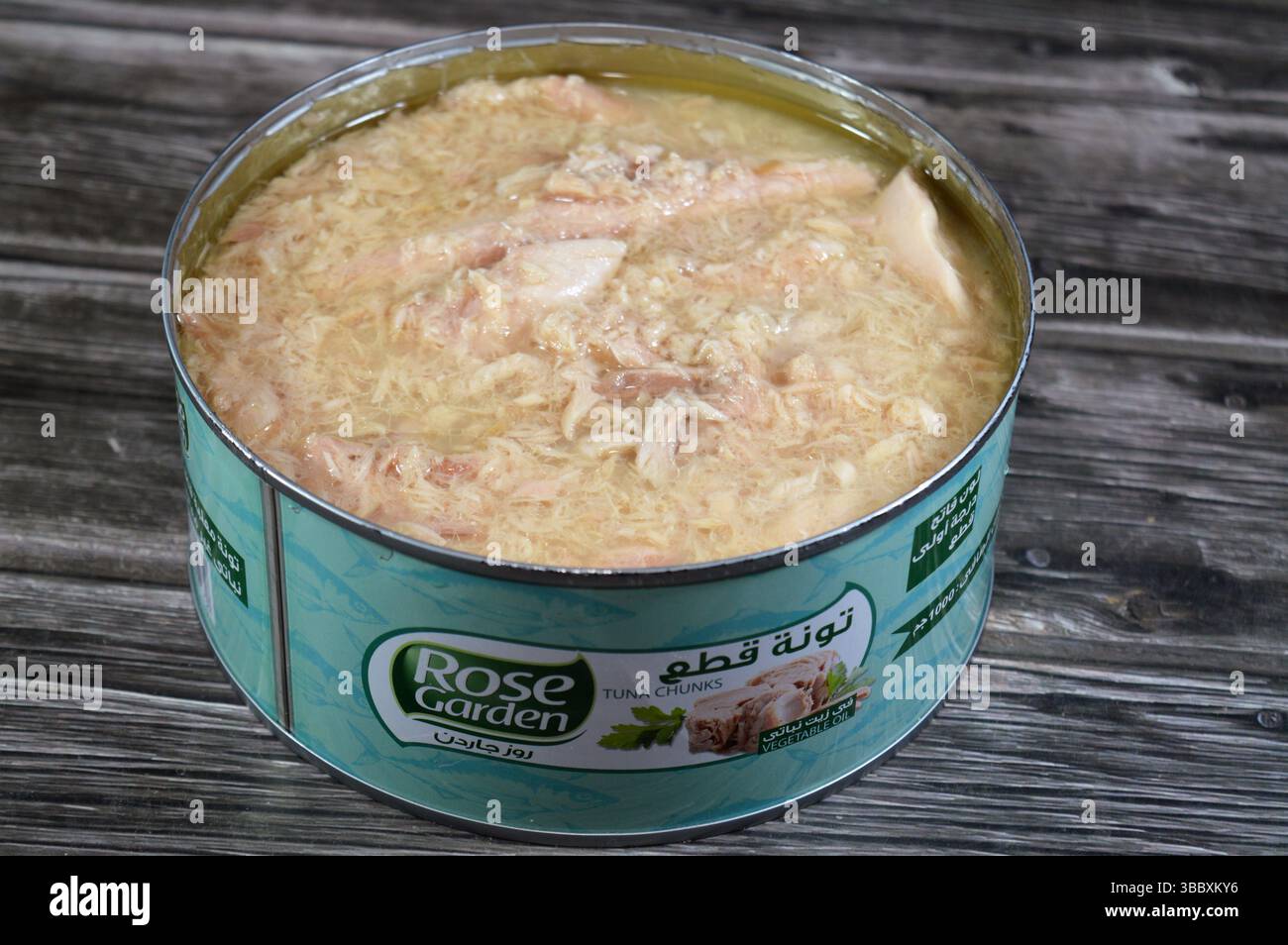 Cairo, Egypt, May 1 2025: Rose Garden Tuna chunks, Tuna is a saltwater ...
