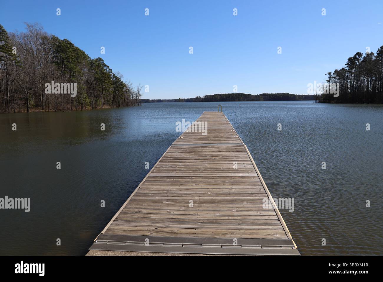 Wooden dock at boat ramp at John H. Kerr Reservoir, North Carolina, USA ...
