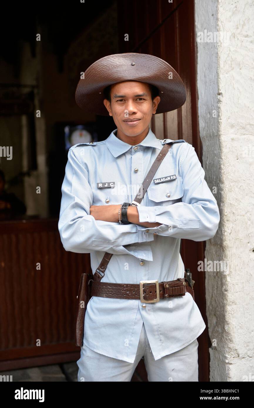 Security guard wearing the guardia civil uniform of the Spanish regime ...