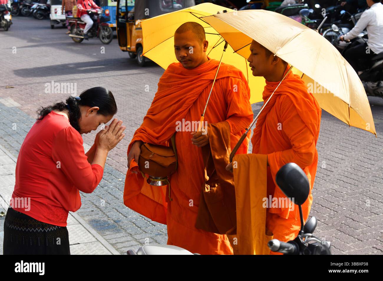 Buddhist monks on their morning alms round,Phnom Penh,Cambodia,South ...