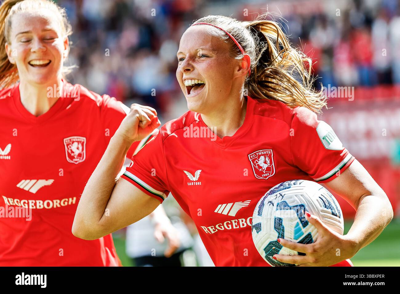 ENSCHEDE - Jaimy Ravensbergen of FC Twente cheers after scoring 3-2 during the Dutch Azerion ...