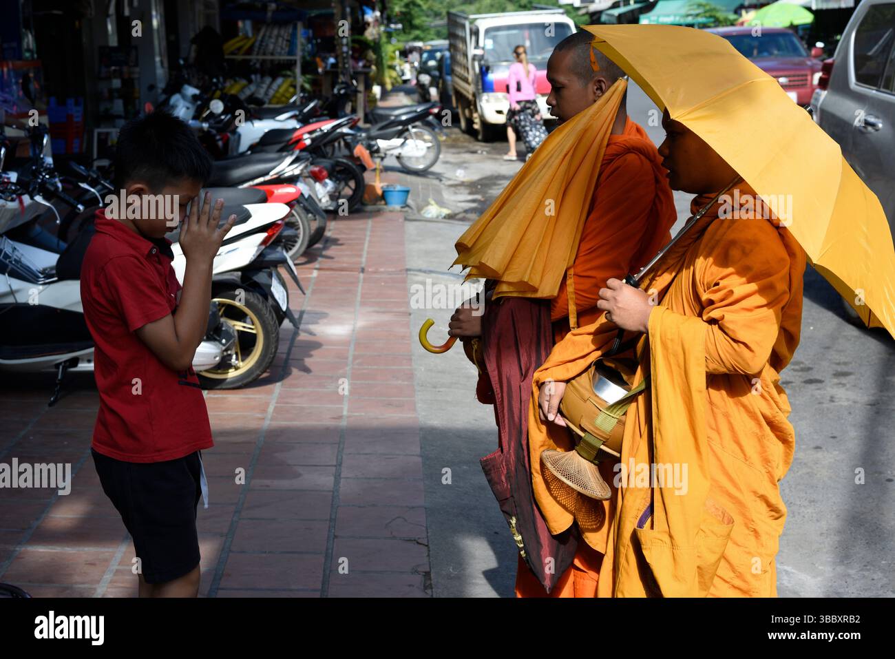 Buddhist monks on their morning alms round,Phnom Penh,Cambodia,South ...