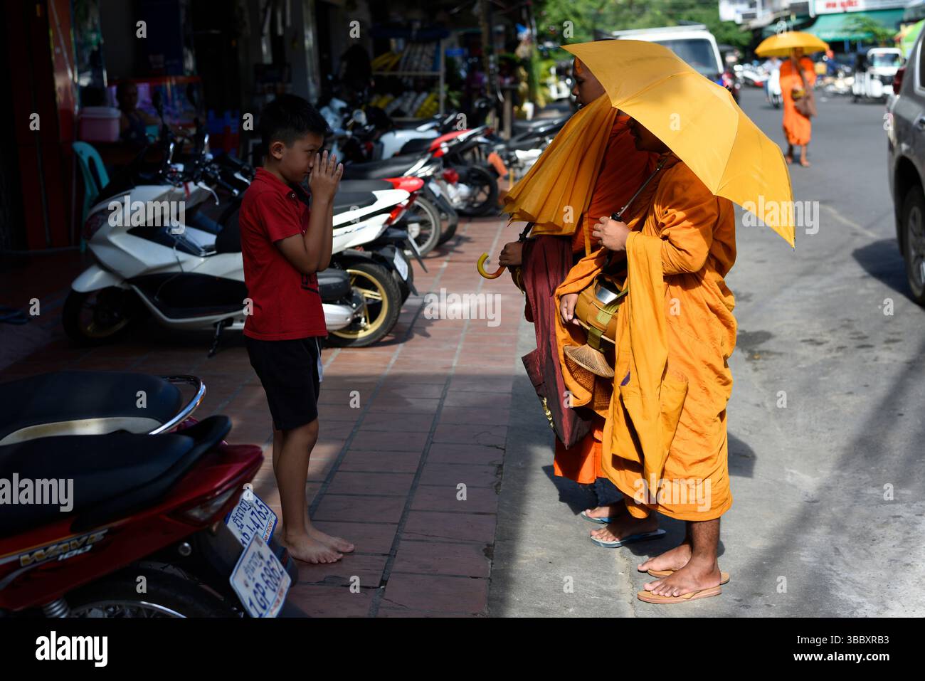Buddhist monks on their morning alms round,Phnom Penh,Cambodia,South ...
