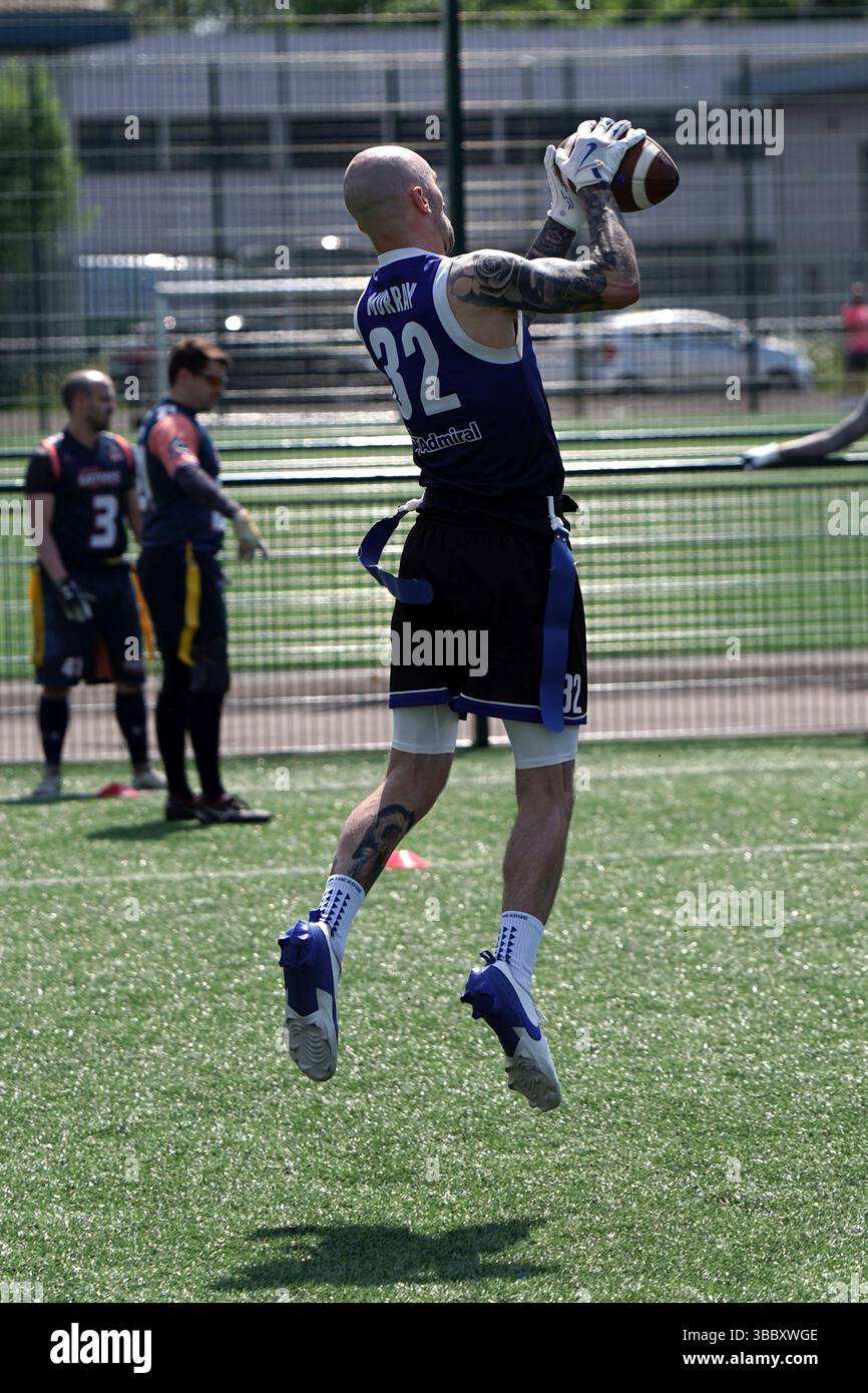 Aerial skills whilst playing flag football in Cardiff, Wales, UK Stock ...