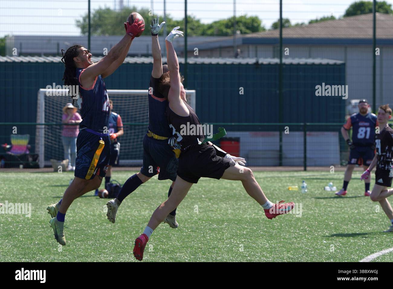 Aerial skills whilst playing flag football in Cardiff, Wales, UK Stock ...