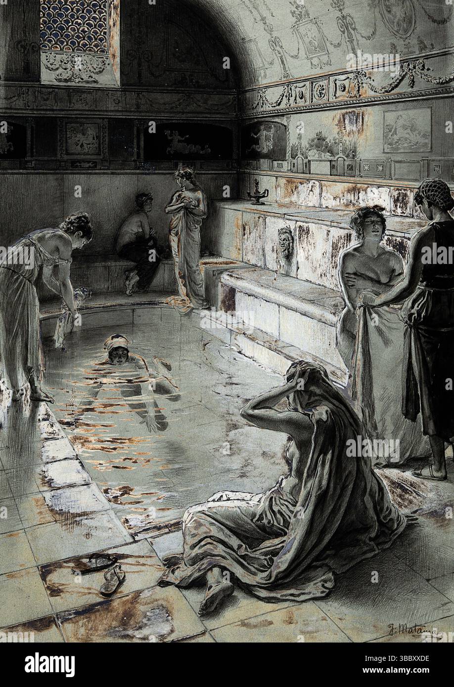 Women bathing in a Roman bath. Pencil drawing with watercolour by F ...