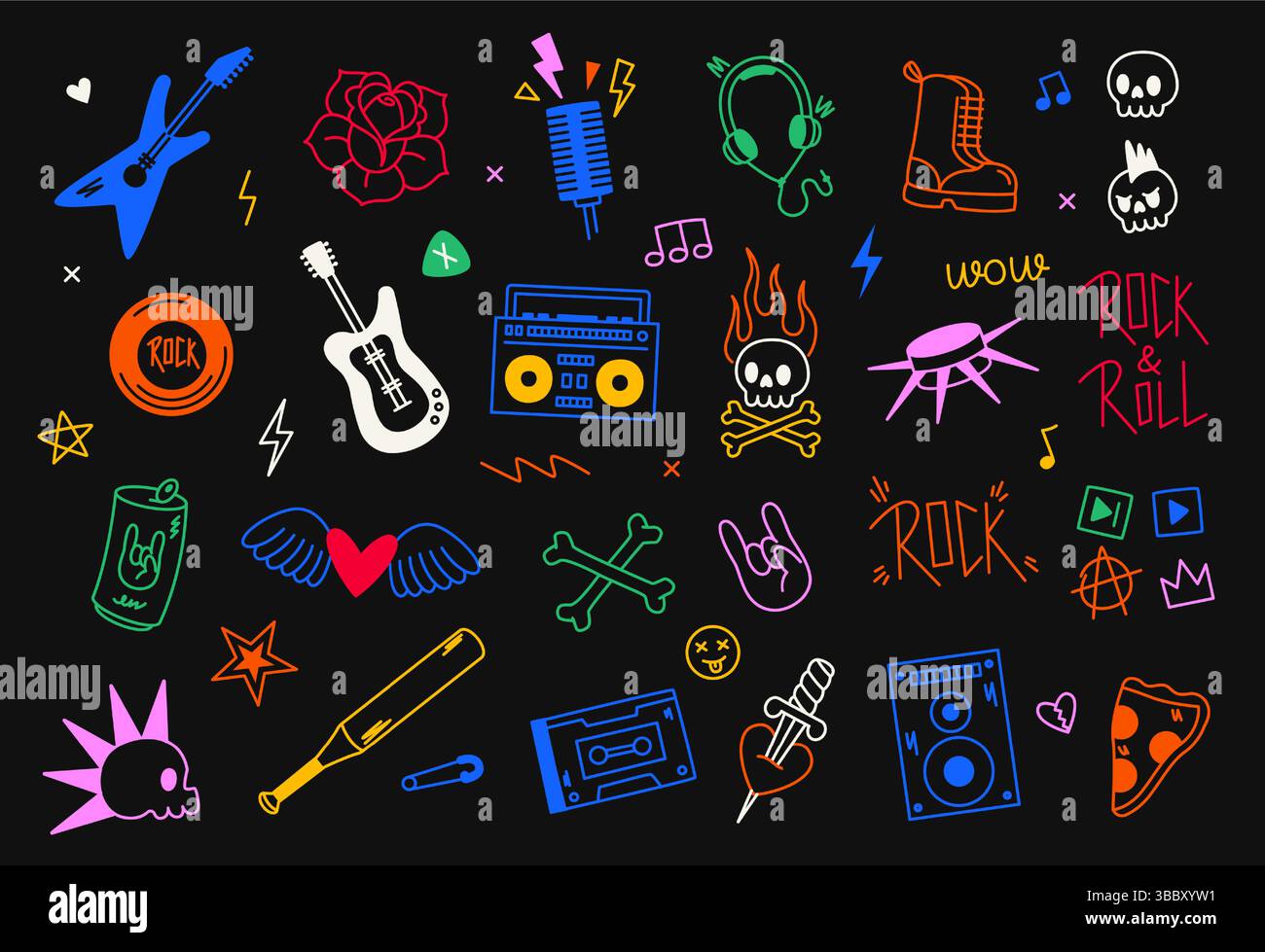 Punk rock icon. Doodle underground music sticker, rock guitar heart ...
