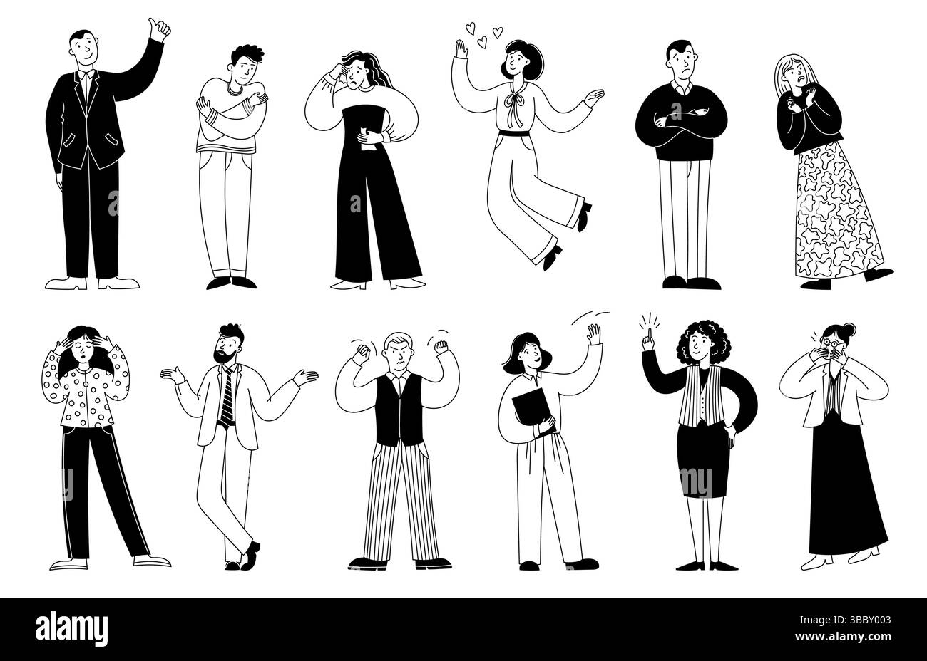 Doodle emotional people. Person emotion expressions, sketch man woman ...