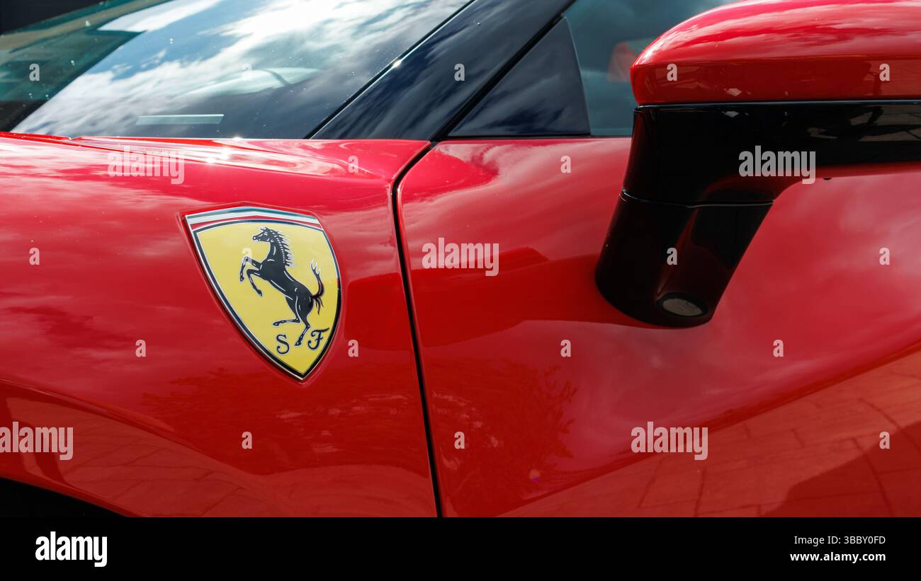 Slovenia, Ljubljana - 16 May 2025: Red Ferrari luxury sports car brand ...