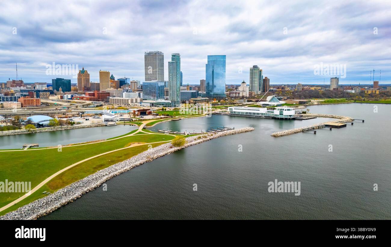 Milwaukee Wisconsin city skyline with modern skyscrapers captured from ...