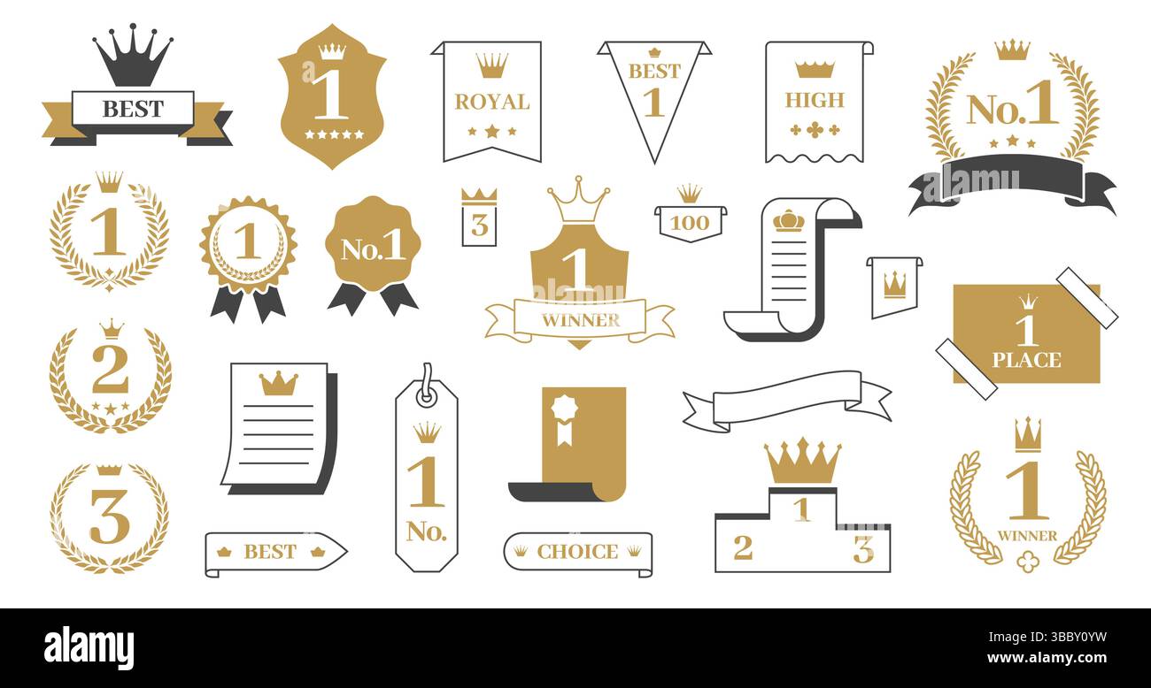 Award crown with ribbon. Winner rank decoration, champion golden laurel ...