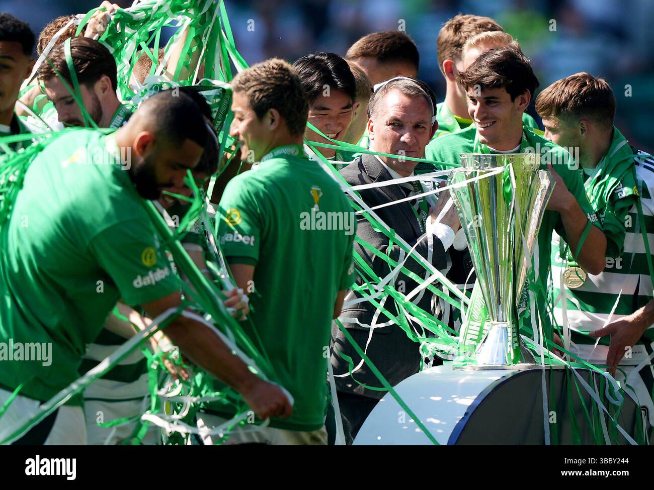 Celtic manager Brendan Rodgers with the Scottish Premiership trophy ...