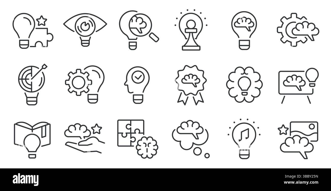 Creative idea line icons. Brainstorming solution lightbulb symbols, abstract thinking and ...
