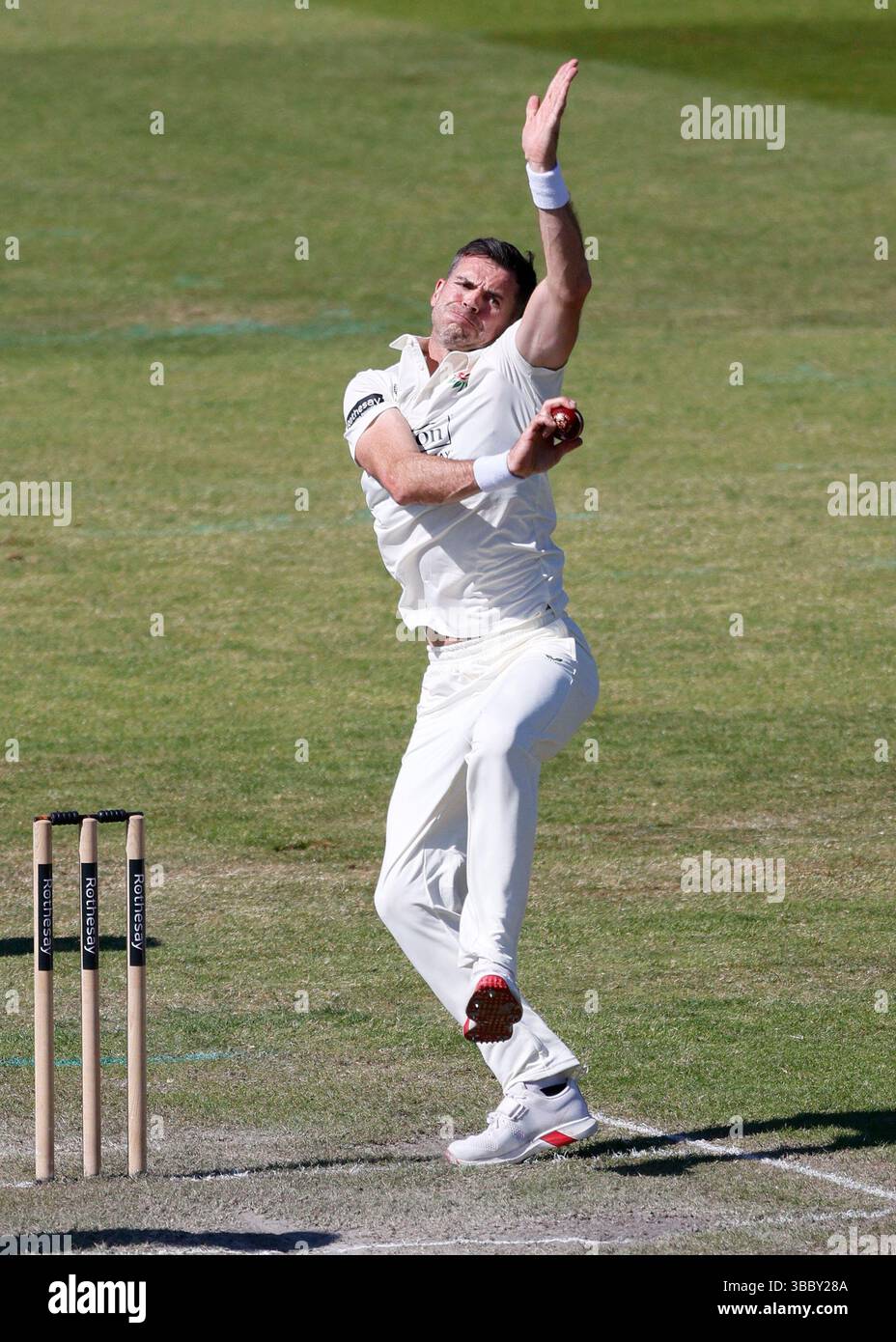 Lancashire's James Anderson bowling on day two of the Rothesay County ...