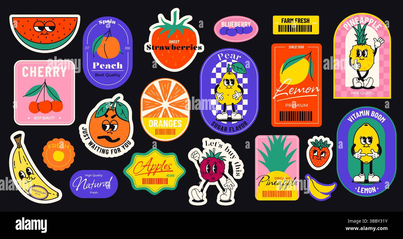 Retro cartoon fruit sticker. Comic patch with pineapple, berry, cherry ...
