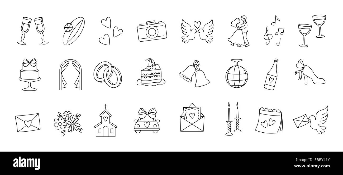 Wedding doodle icons. Invitation card symbols, outline marriage ...