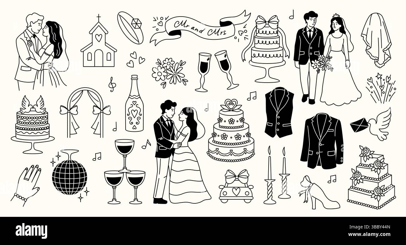 Hand drawn marriage. Wedding celebration romantic elements, cute doodle ...