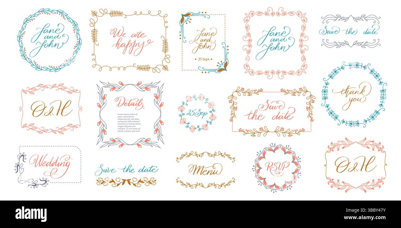 Rustic wedding monogram. Floral decorative frames, flower wreath and ...