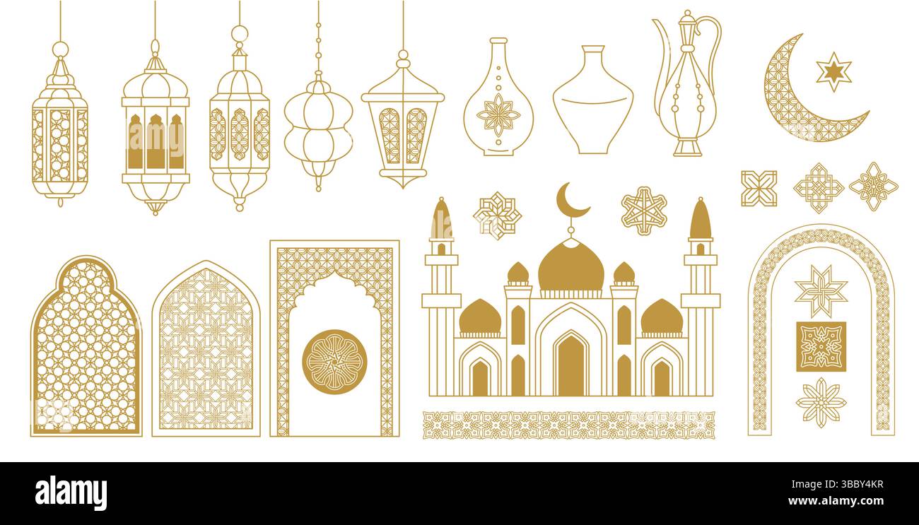 Arabic line element. Ornamental Islamic geometric frames and borders ...