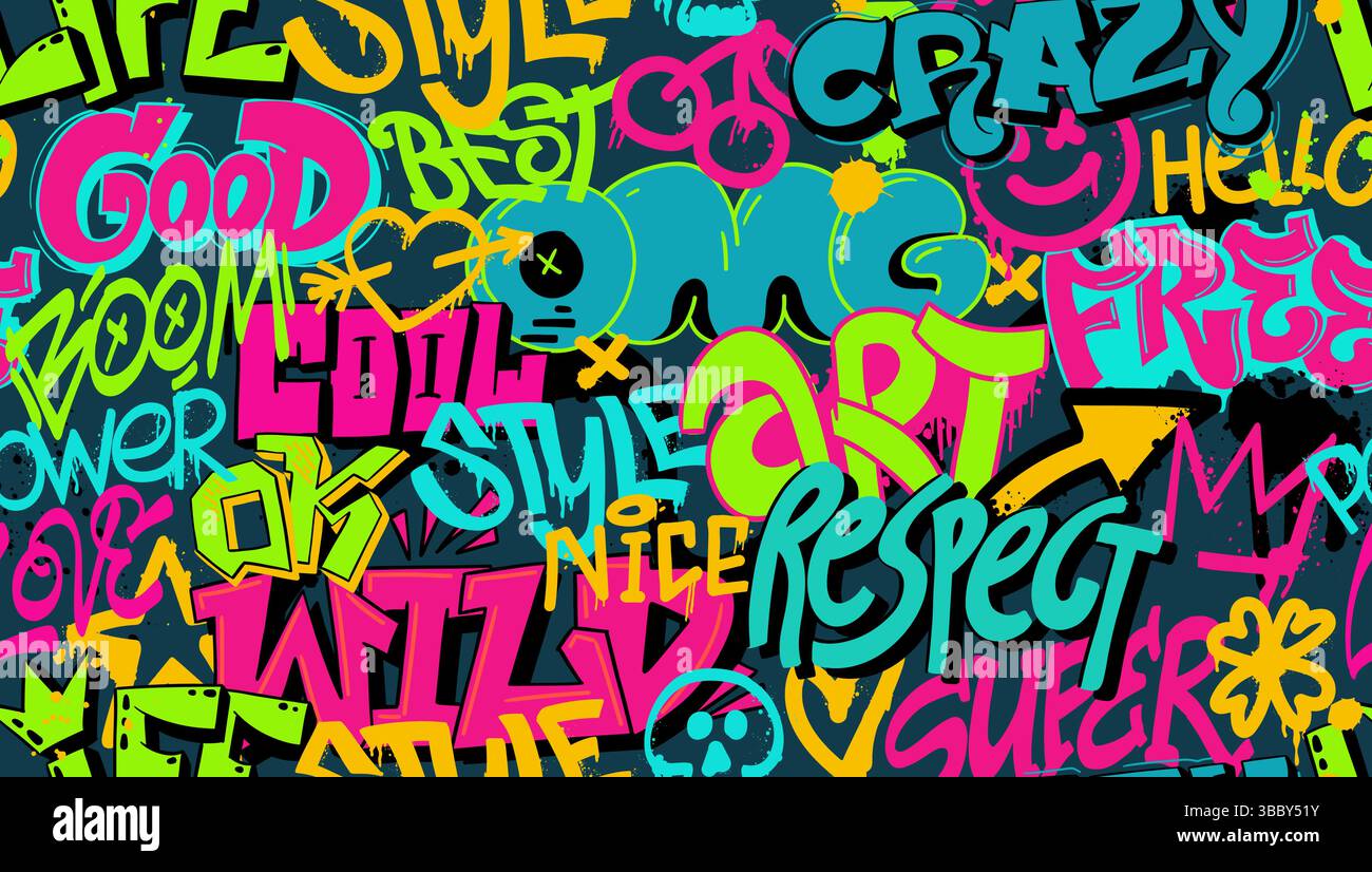 Graffiti pattern. Colorful background of wall street art spray font ...