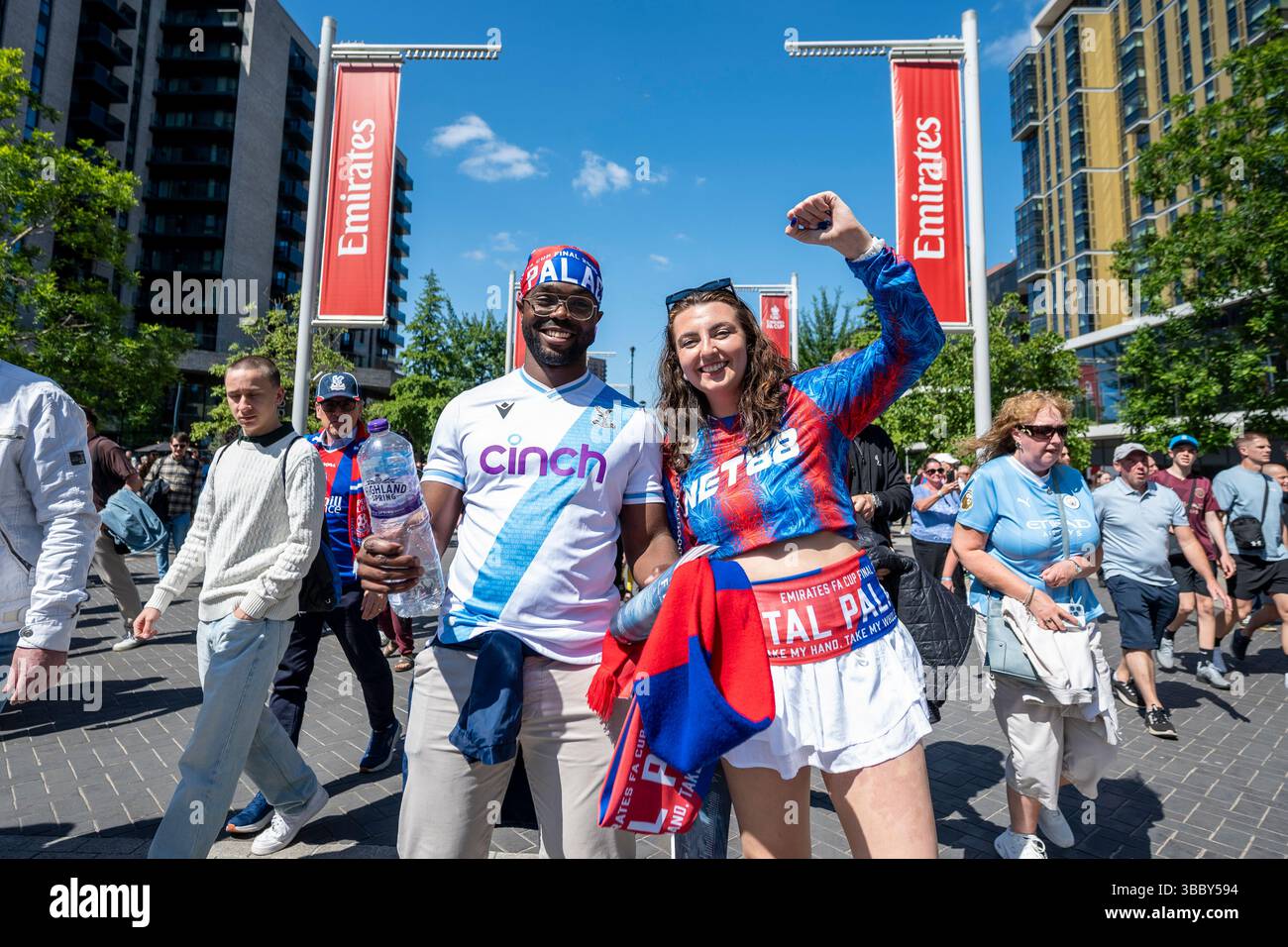London, UK. 17 May 2025. Crystal Palace fans in Olympic Way outside ...