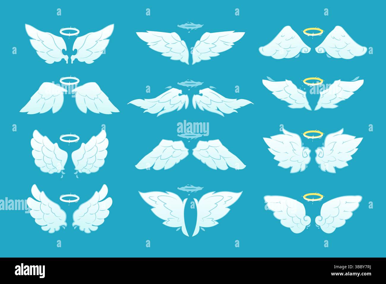 Cartoon angel wing. Cute halo winged symbol with halo nimbus, fantasy saint elements for ...