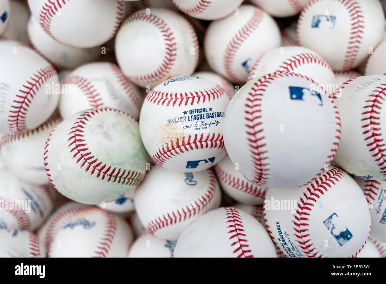 BRONX, NY - MAY 17: A bucket of MLB baseballs before warmups at the MLB ...