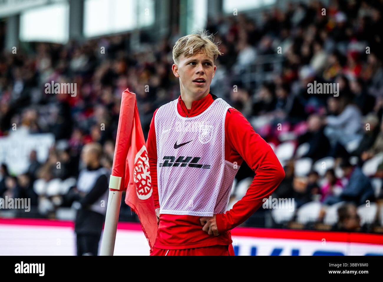 Farum, Denmark. 16th May, 2025. Villum Berthelsen of FC Nordsjaelland ...
