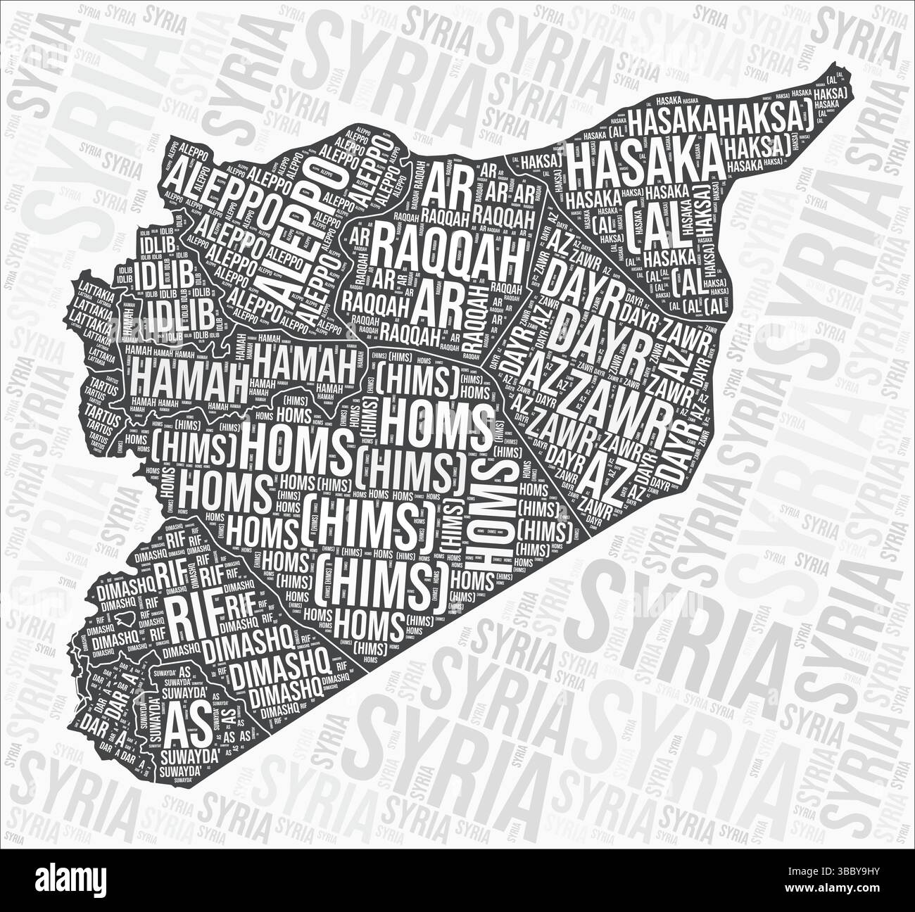 Syria regions map word cloud. Syria region names. Black and white map ...