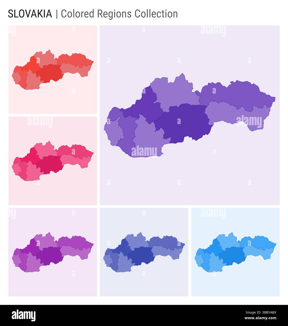 Slovakia map collection. Country shape with colored regions. Deep Purple, Red, Pink, Purple ...