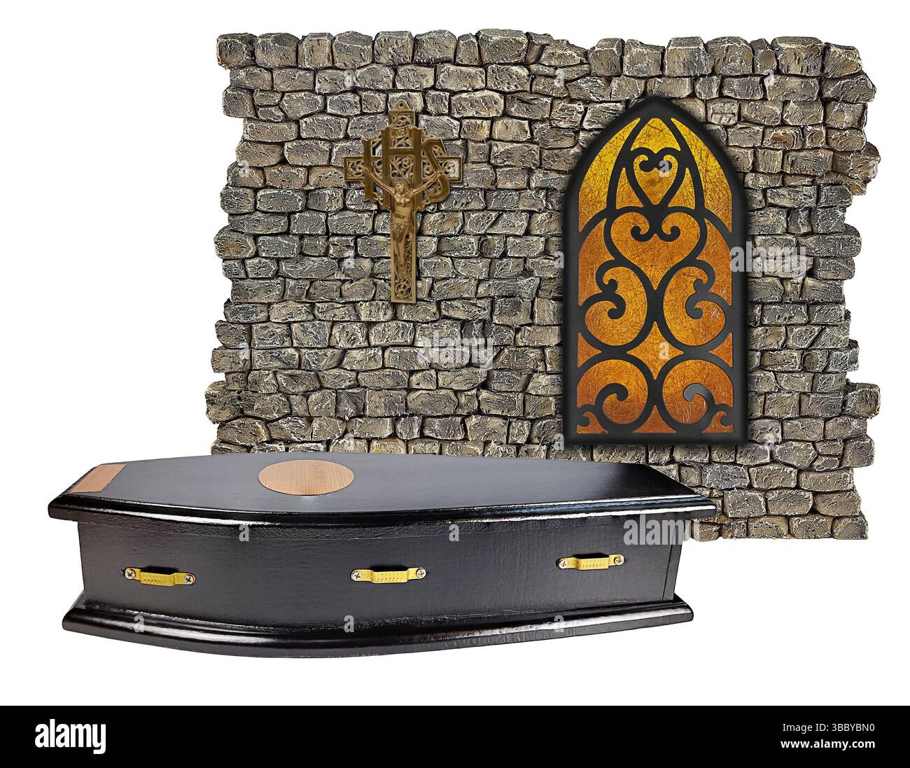 Funeral at a church with Green stained glass gothic window and a ...