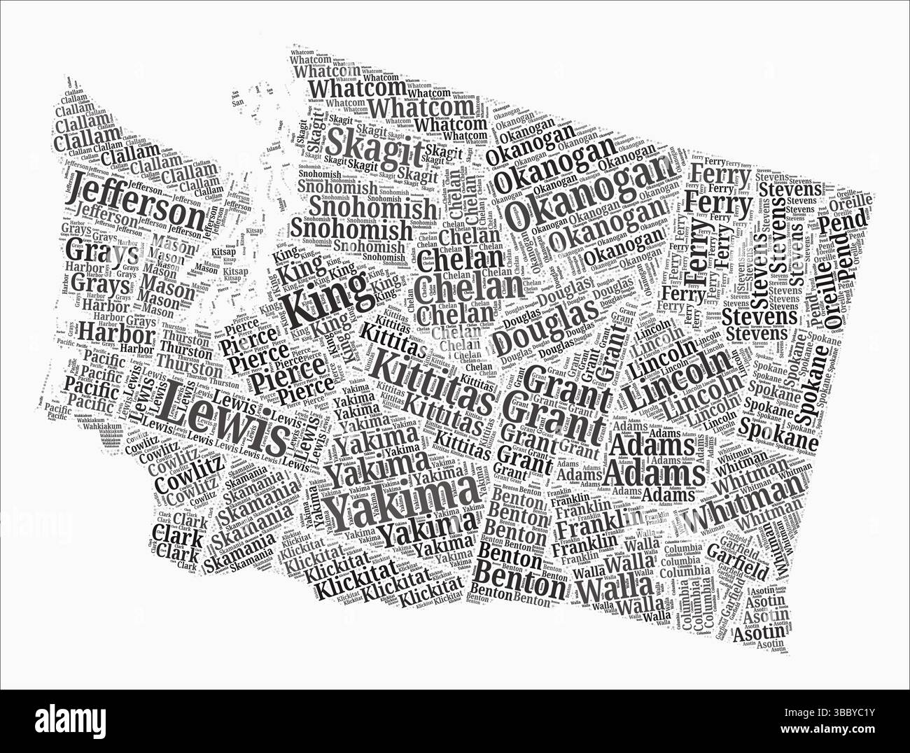 Washington Text Style Counties. State region names word clouds in ...