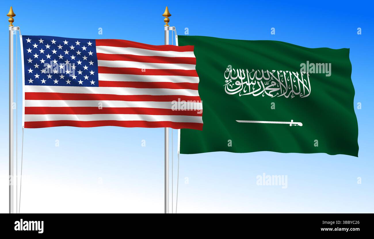 United States vs Saudi Arabia, waving flags on a sky blue background ...