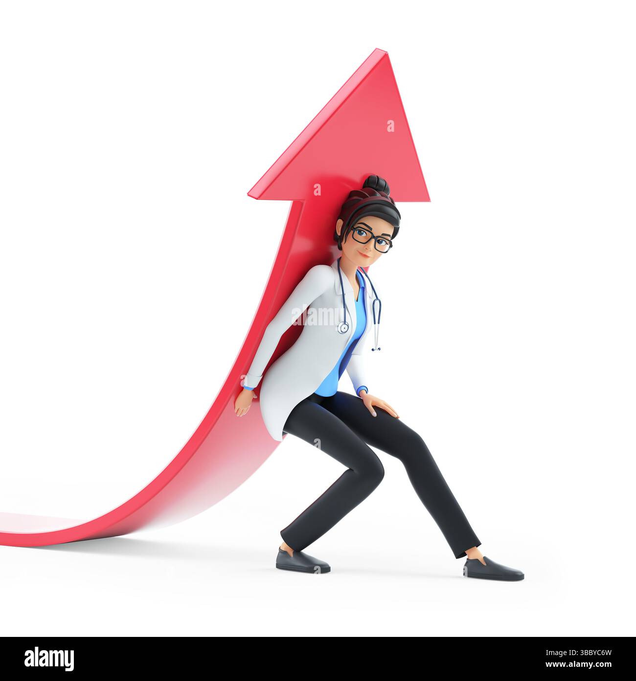 3d cartoon female doctor lifting up red arrow, illustration isolated on ...