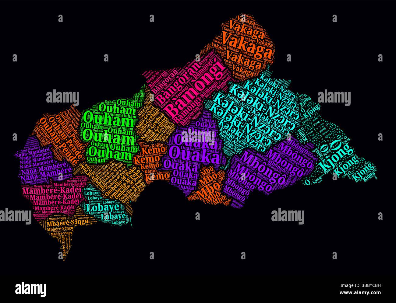Central African Republic Regions Word Clouds. Bright neon style design ...