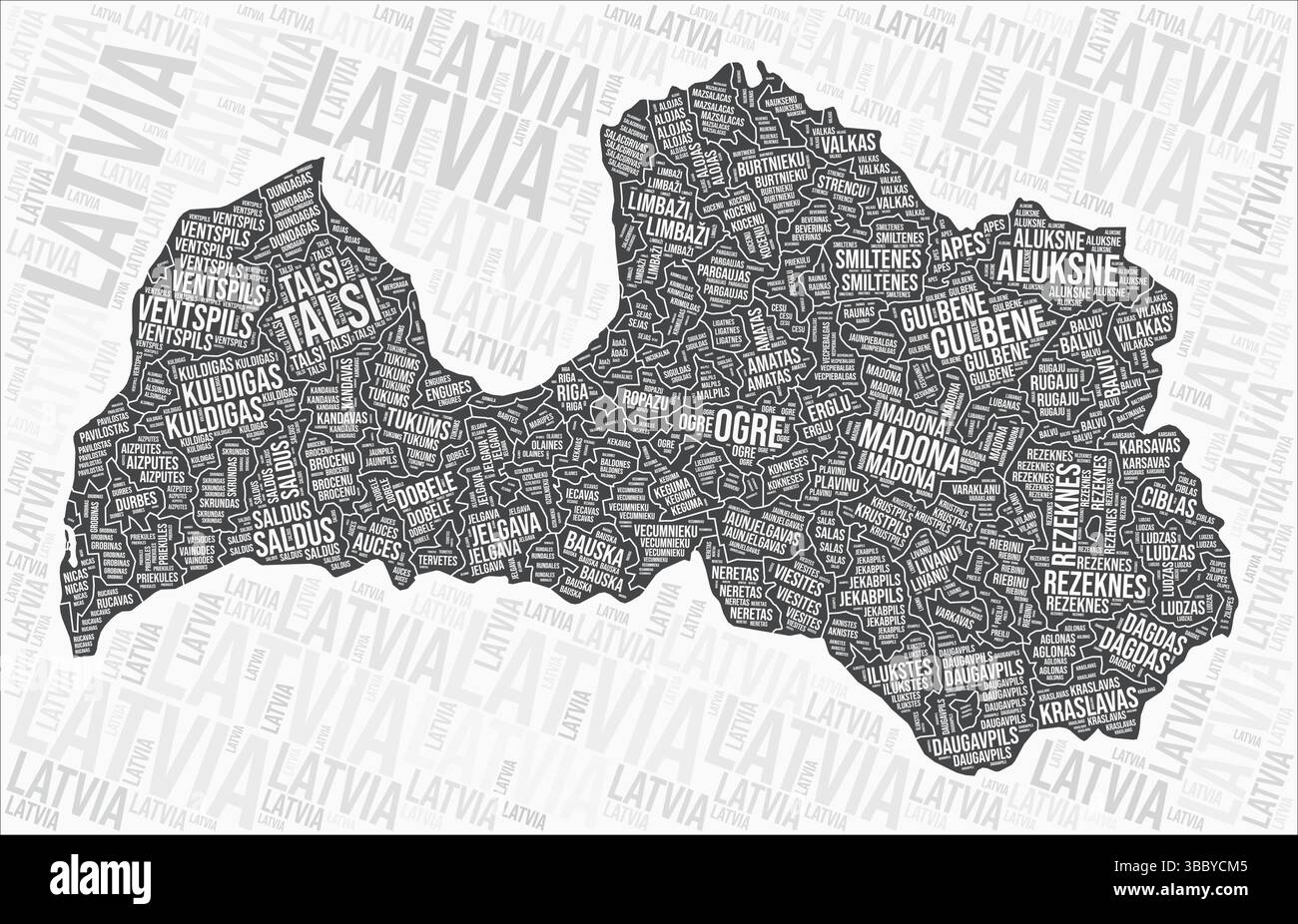 Latvia regions map word cloud. Latvia region names. Black and white map design. Beautiful vector ...