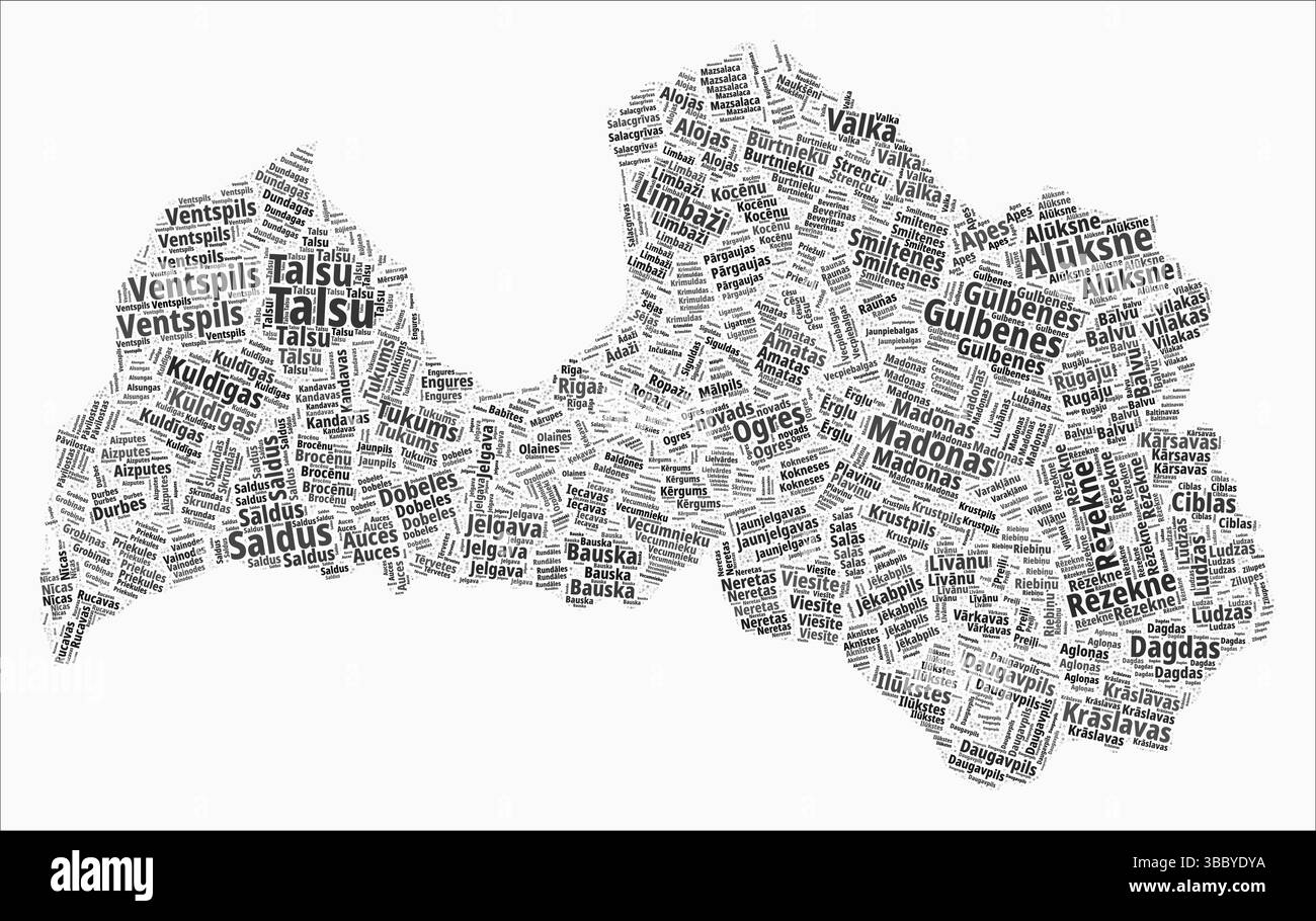 Latvia Text Style Regions. Country region names word clouds in Latvian language. Elegant vector ...