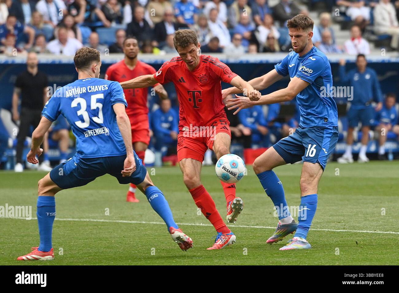 Sinsheim, Deutschland. 17th May, 2025. Thomas MUELLER (M?LLER, FC Bayern Munich), action, duels ...