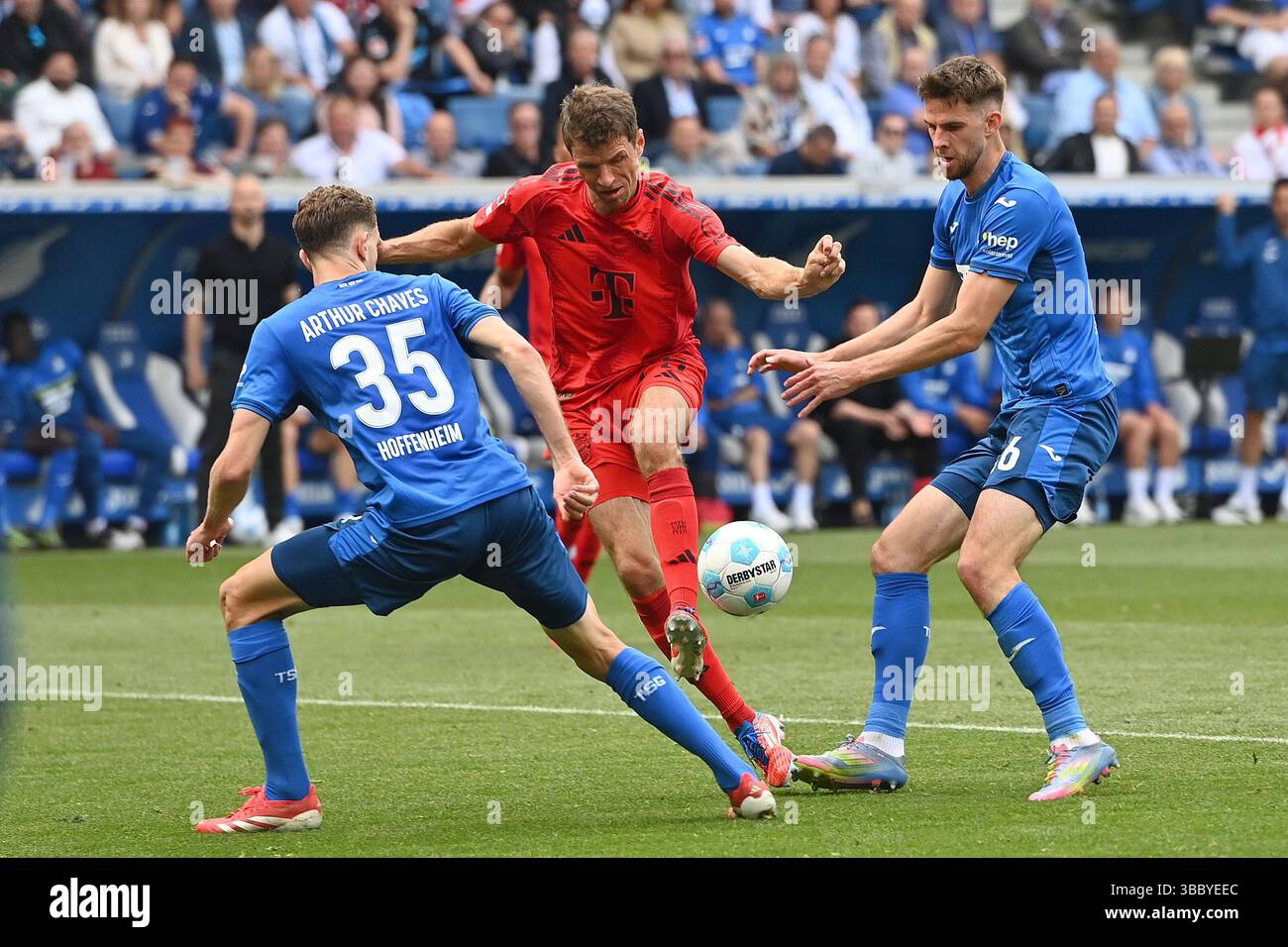 Sinsheim, Deutschland. 17th May, 2025. Thomas MUELLER (M?LLER, FC Bayern Munich), action, duels ...