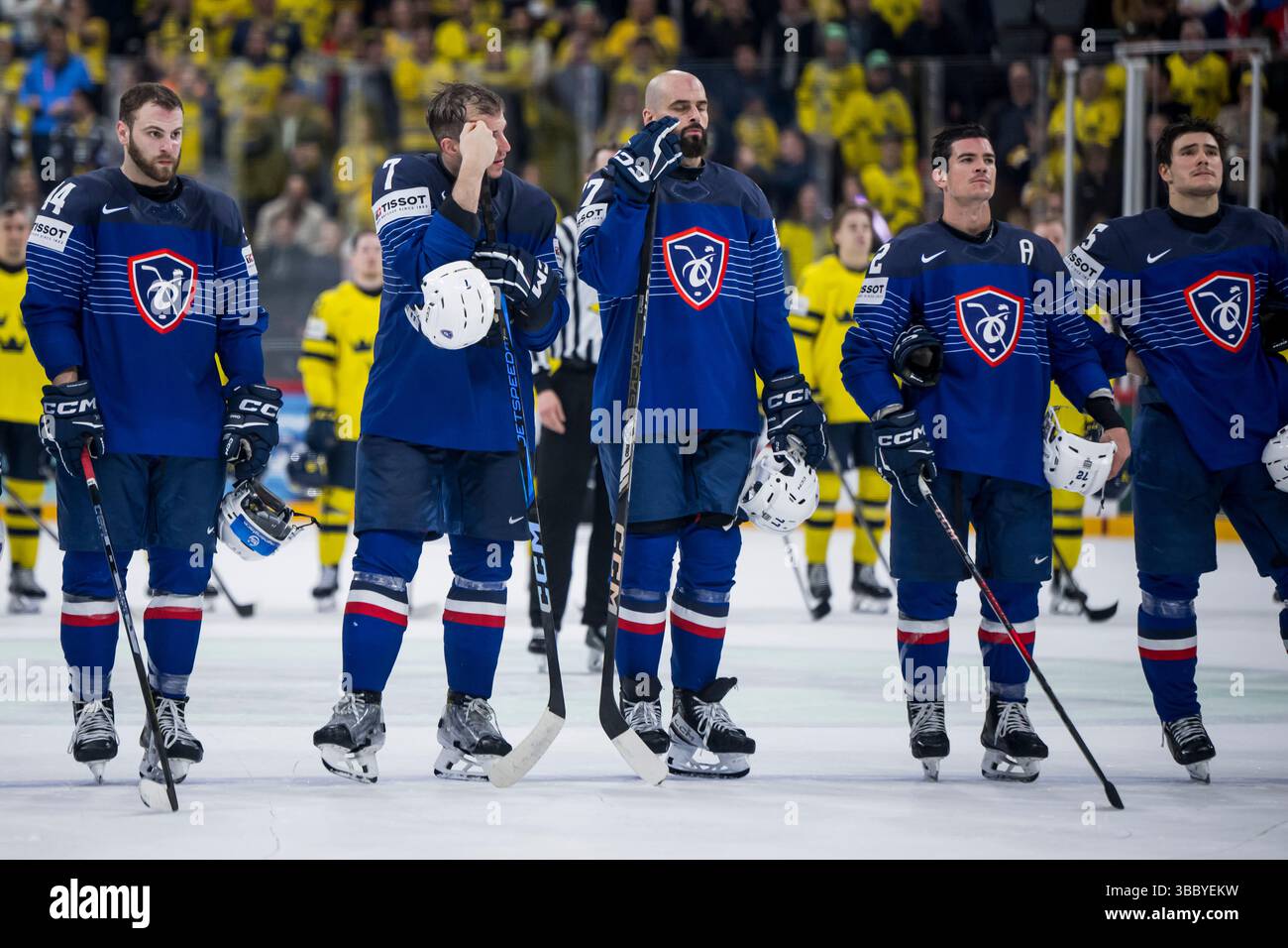 Pierre Crinon of, France. , . looks dejected after the 2025 IIHF Ice ...