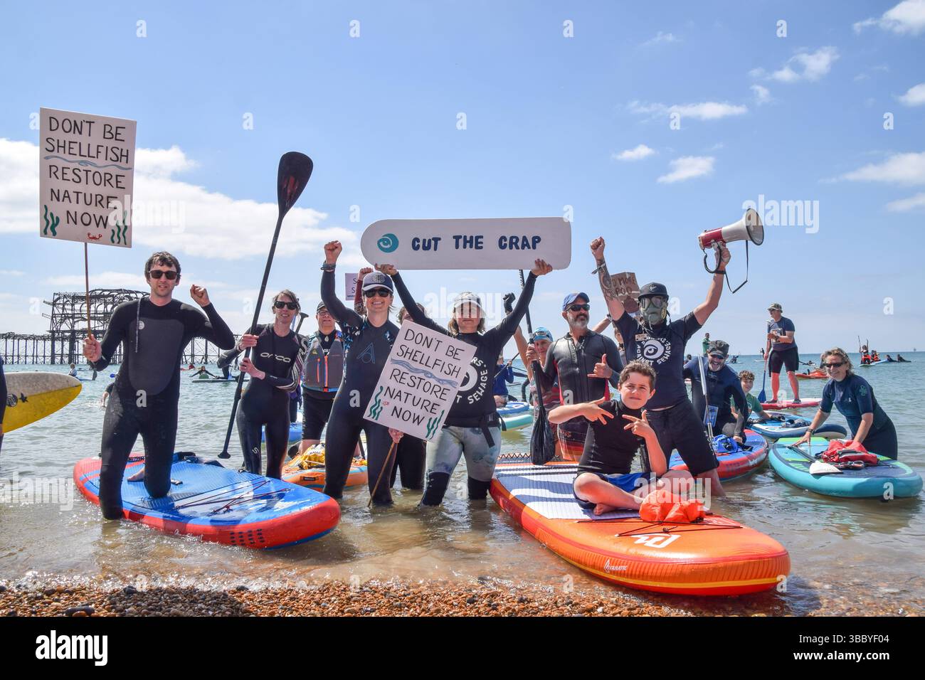 Brighton, UK. 17th May, 2025. Protesters with paddle boards and ...