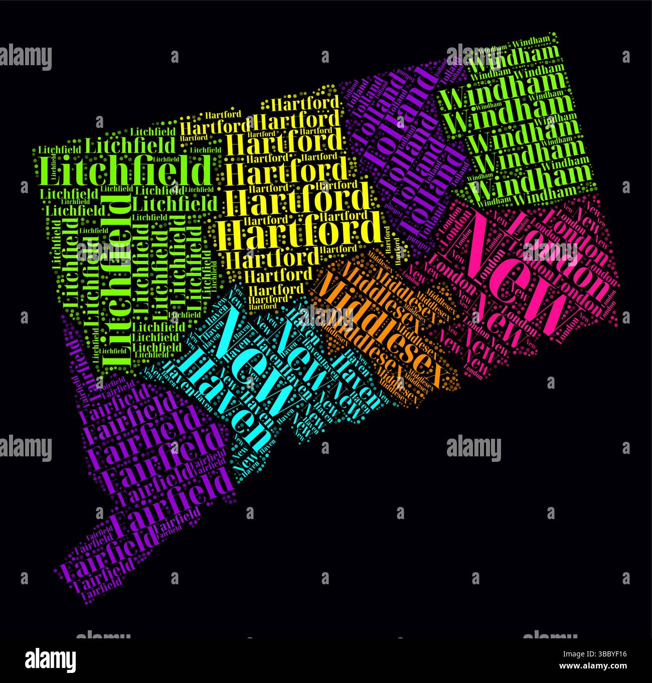Connecticut Word Cloud. Bright neon style design on dark background ...