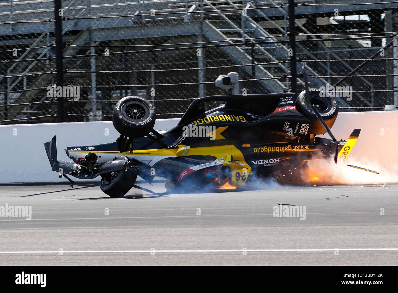 The car driven by Colton Herta slides along the track after becoming ...