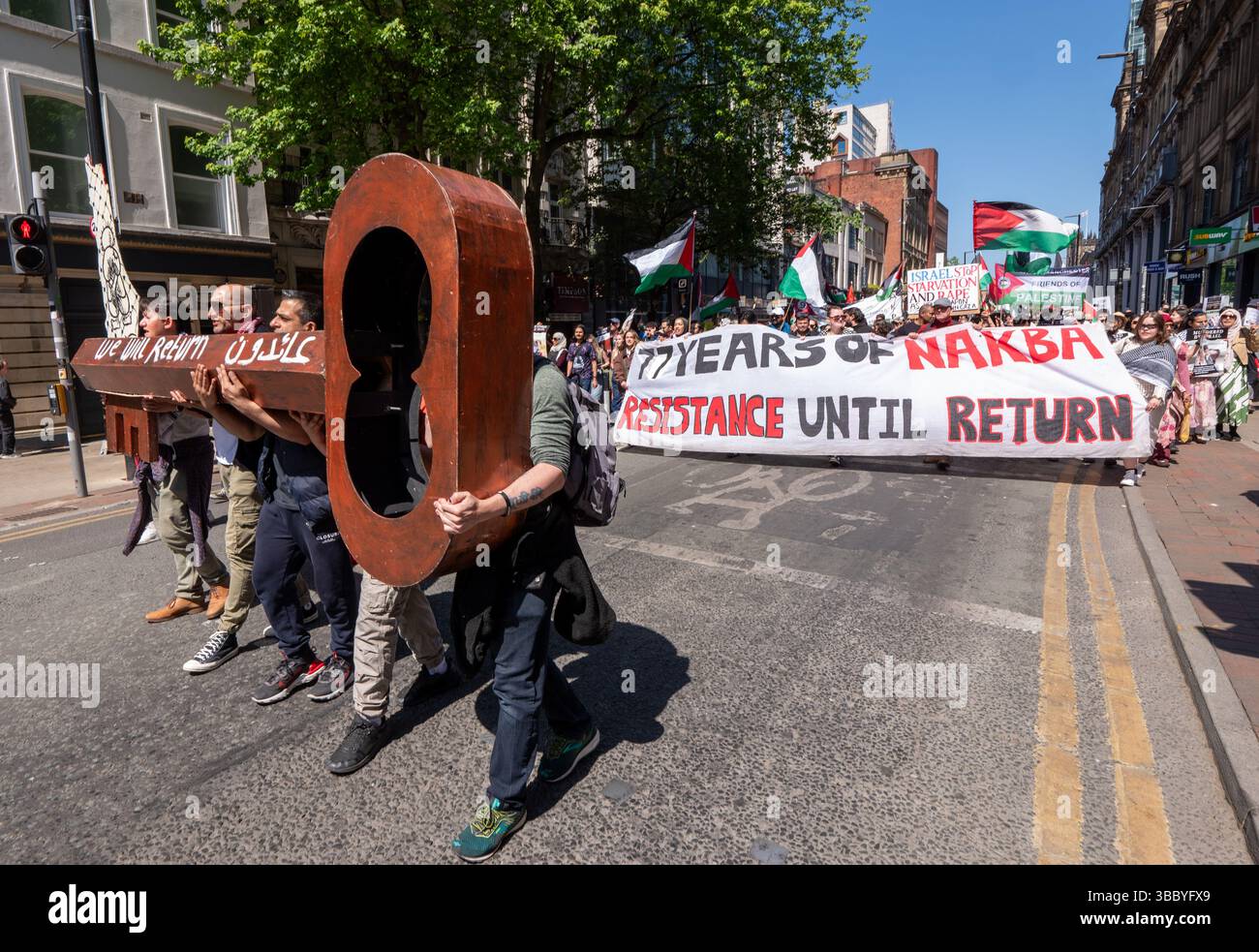 Manchester, UK. 17th May 2025. Pro Palestine activists mark Nakba 77 ...