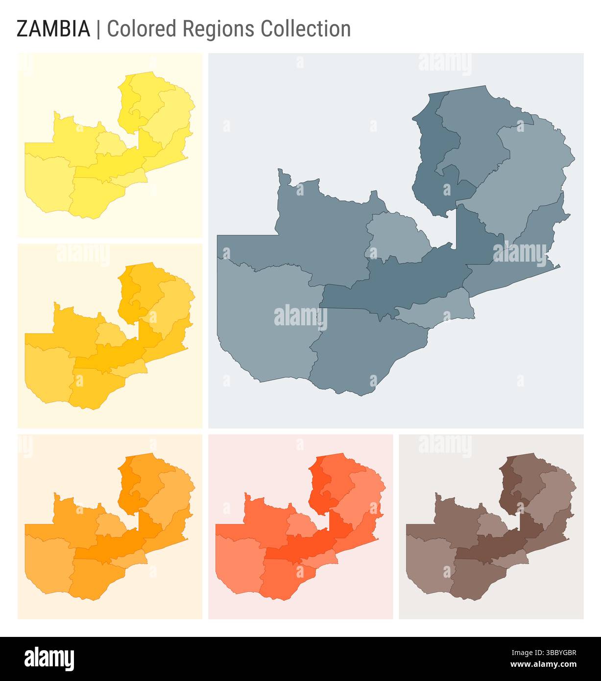 Zambia map collection. Country shape with colored regions. Blue Grey ...