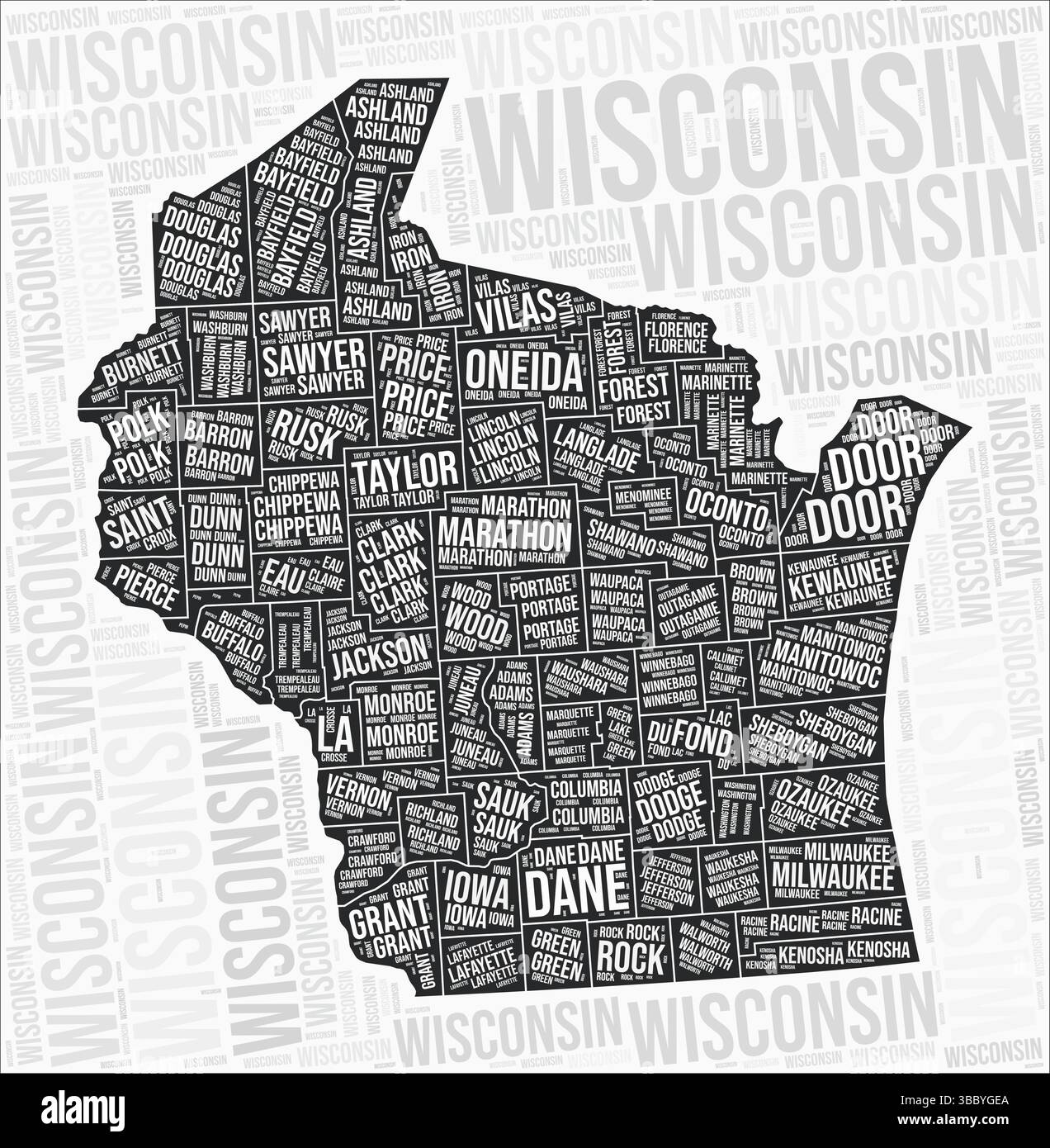 Wisconsin counties map word cloud. Wisconsin region names. Black and ...