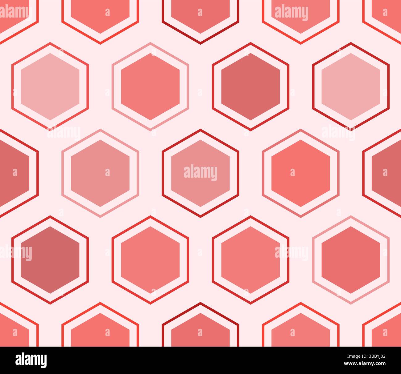 Honeycomb background. Hexagon mosaic cells with padding and inner solid cells. Red color tones ...
