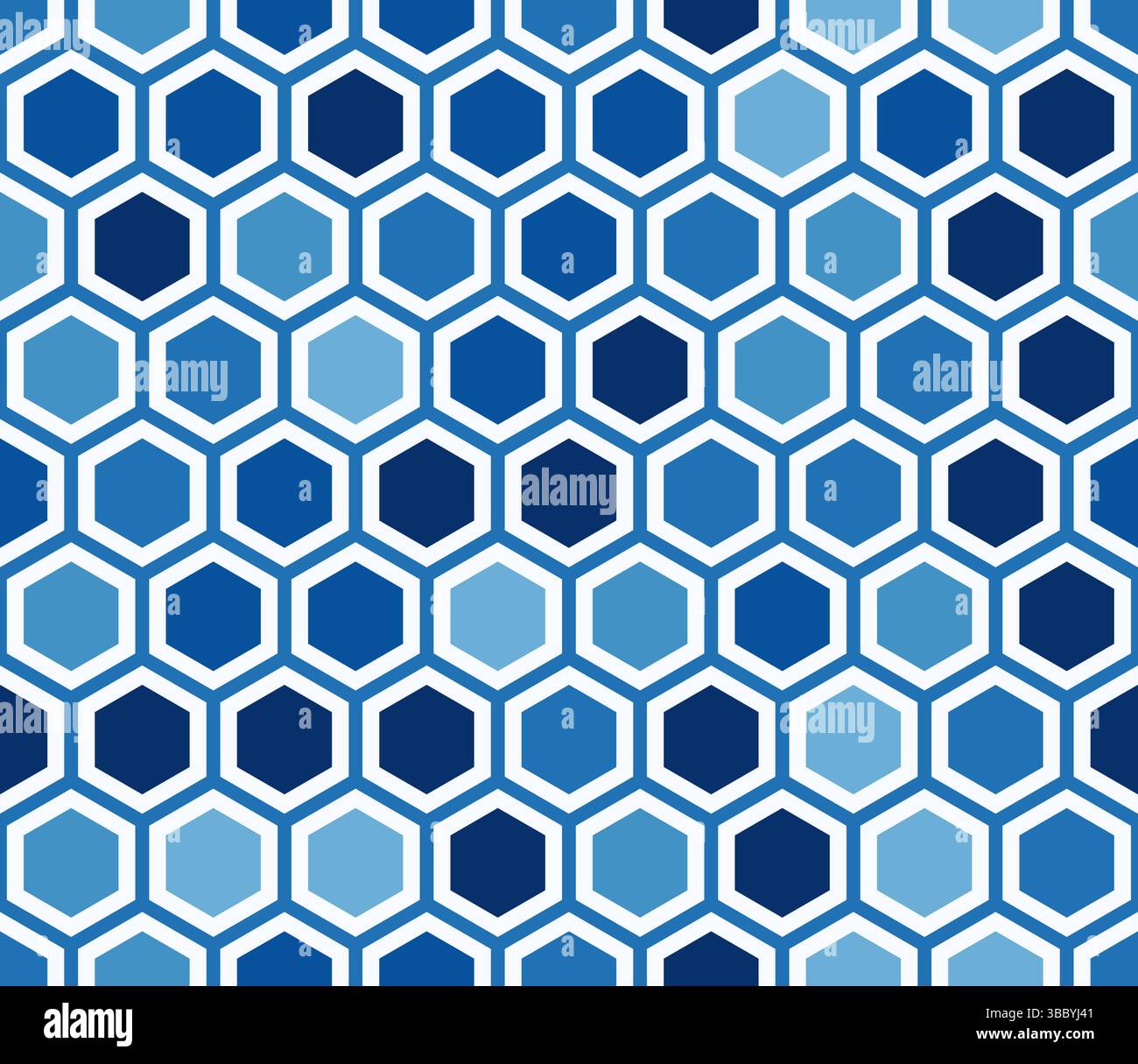 Mosaic hexagon shapes background. Plain hexagon net with inner solid cells. Blue color tones ...