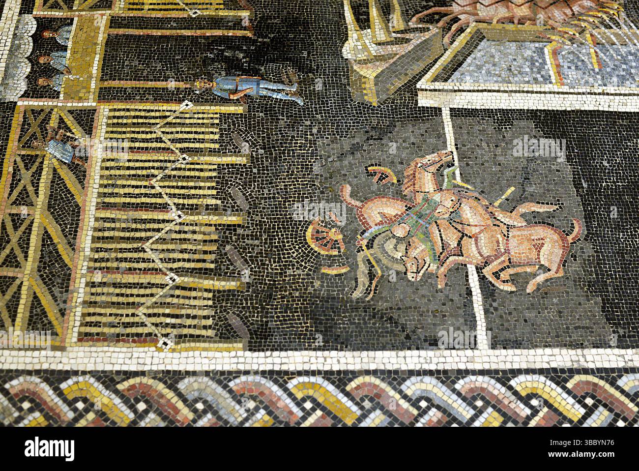 The restored Circus Games Mosaic depicting a chariot race in quadrigas ...