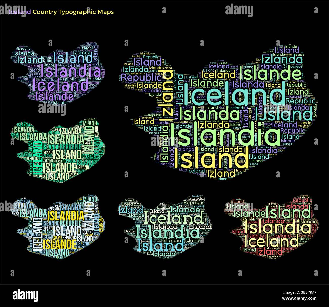 Iceland. Set of typography style country illustrations. Iceland map ...